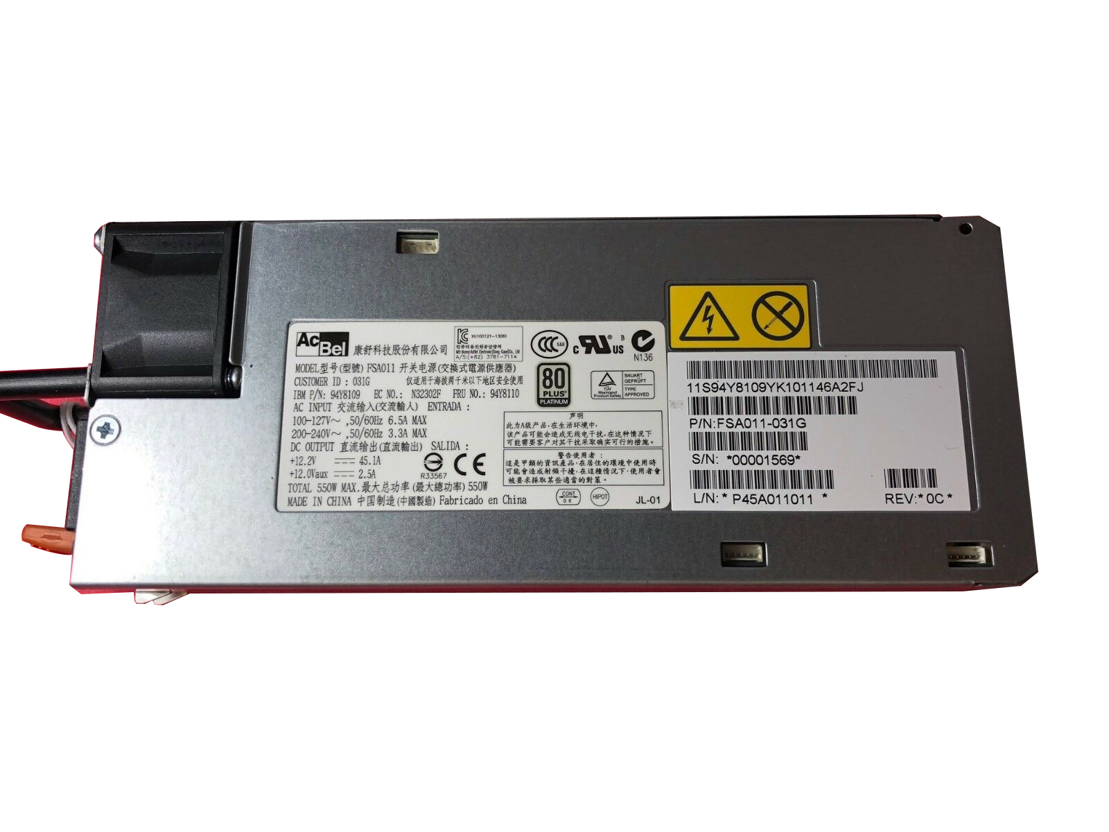 94Y8109 - IBM 550-Watts 200-240V AC 3.3A 50-60Hz High Efficiency 80 ...