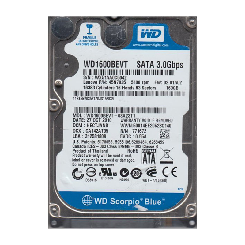WD1600BEVT-08A23T1 - Western Digital Scorpio Blue 160GB 5400RPM SATA 3Gb/s 8MB Cache (RoHS) 2.5 ...